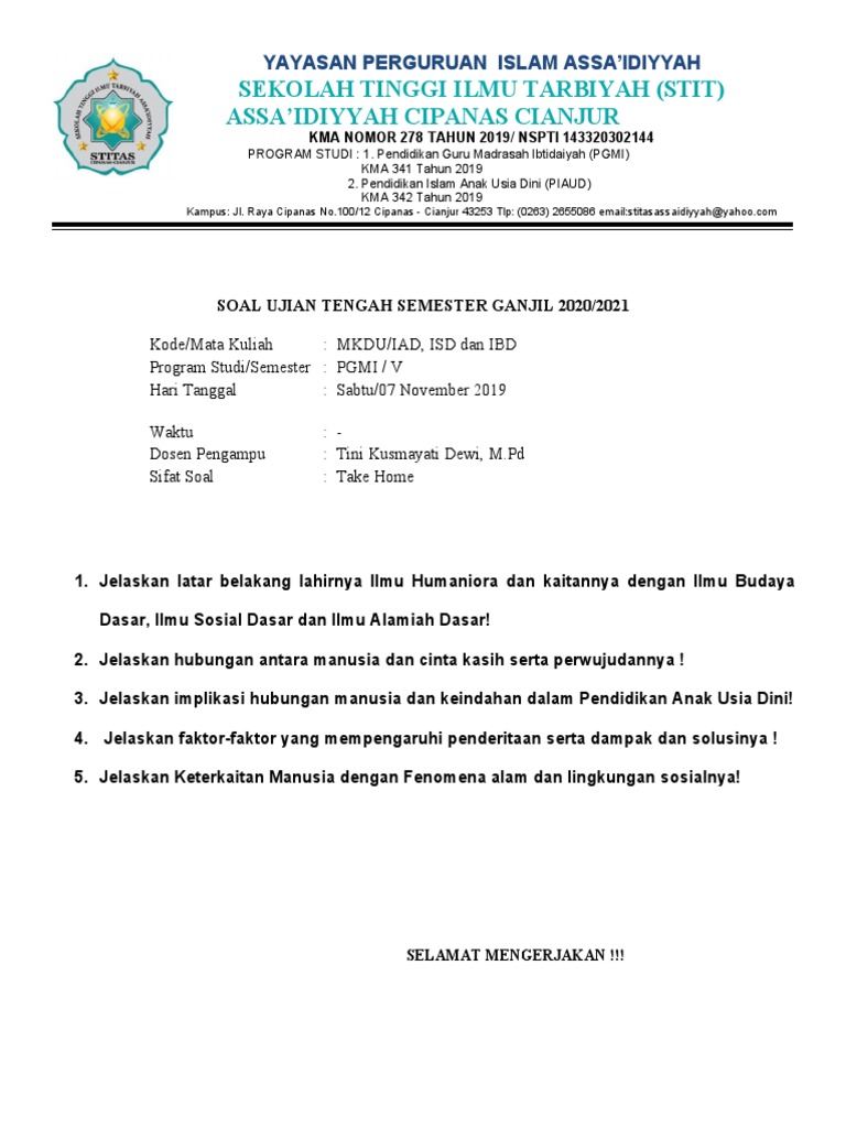 Suwarno Jawaban Soal Uts Iad, Ibd, Isd 2020 | PDF