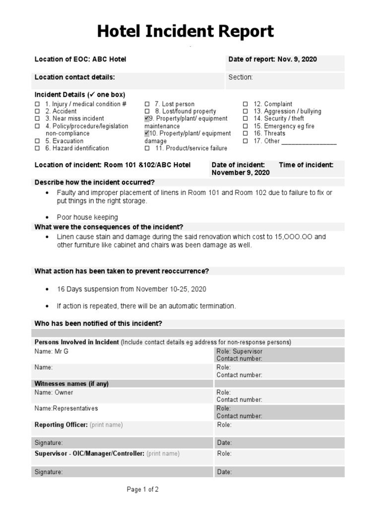 Hotel Incident Report | PDF | Safety