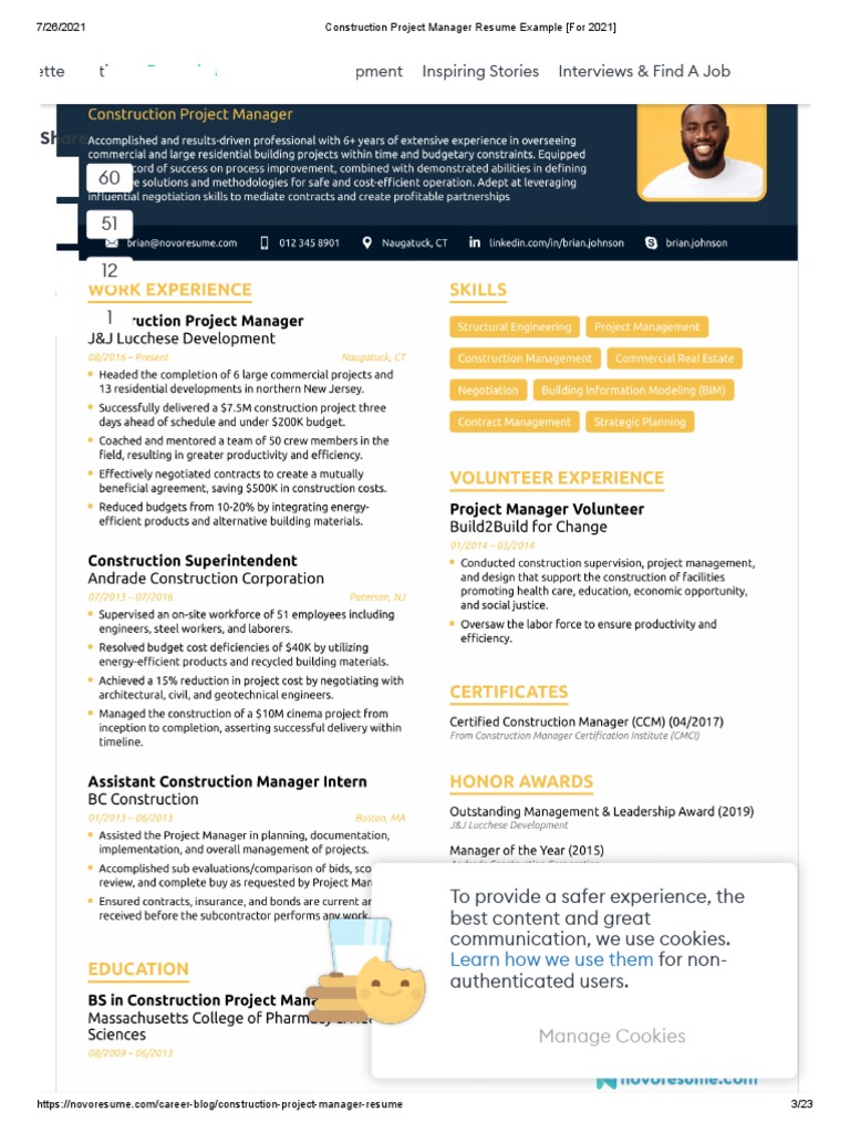 Construction Project Manager Resume Example (For 2021) | PDF | Résumé ...