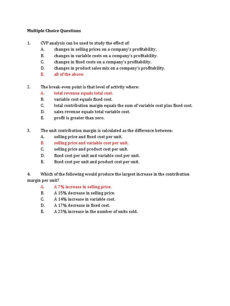 CVP Multiple Choice Questions With Answer | PDF | Market (Economics ...
