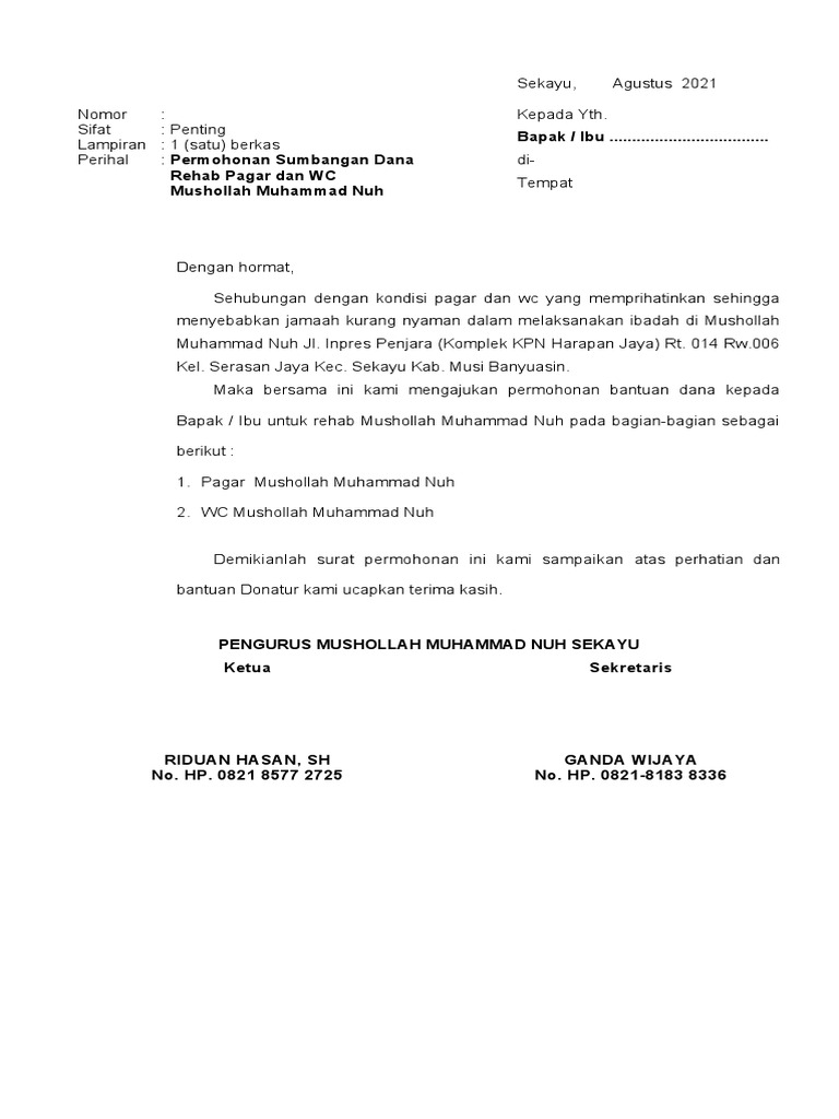 Permohonan Dana Rehab Mushollah | PDF