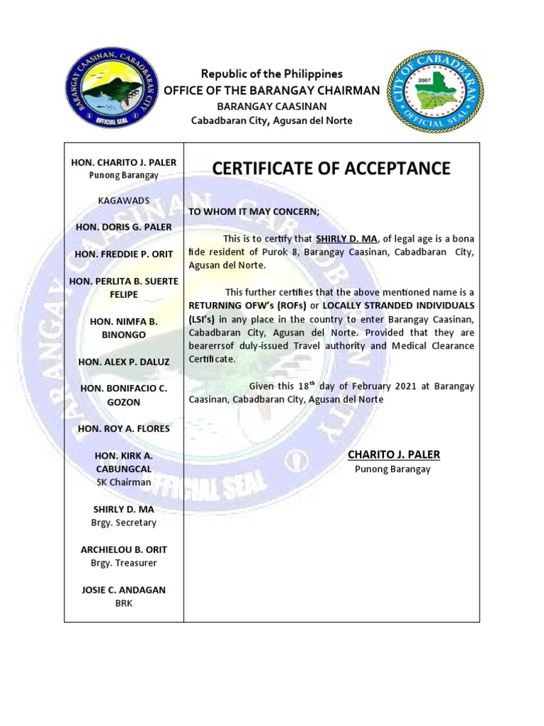 Certificate of Acceptance: Republic of The Philippines Office of The ...