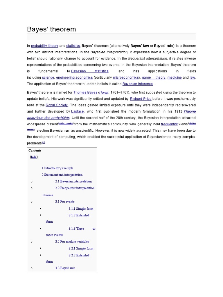 Bayes' Theorem: Probability Theory Statistics | PDF | Bayesian Inference | Bayesian Probability