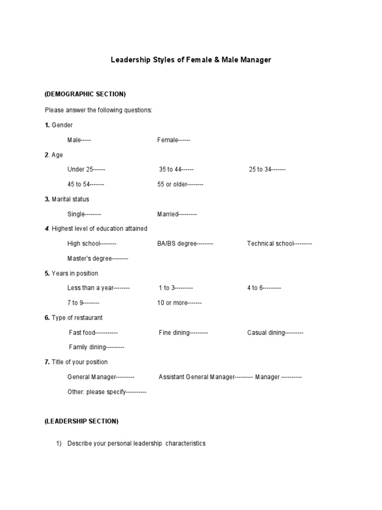 Leadership Styles Interview Questionnaire | PDF | Leadership | Job ...