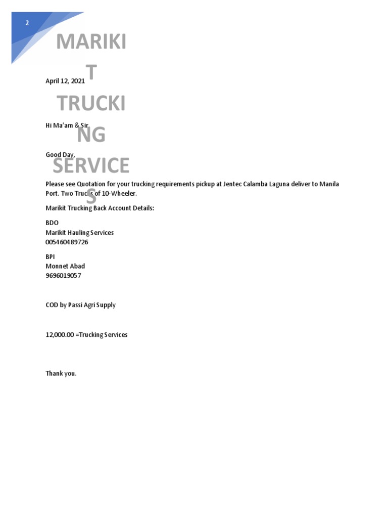 Trucking Quotation from Jentec Calamba | PDF | Business | Finance ...
