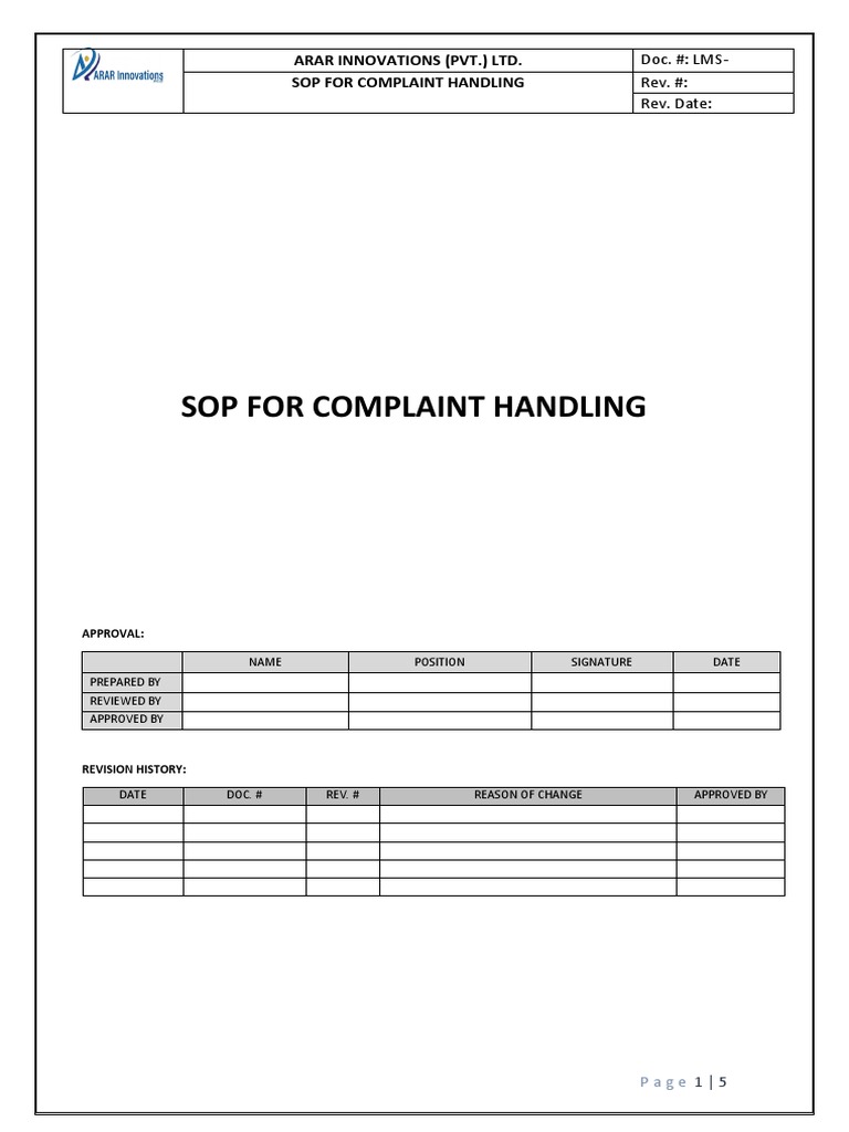 SOP For Handling Complaint Received - Vertex | PDF | Equipment ...