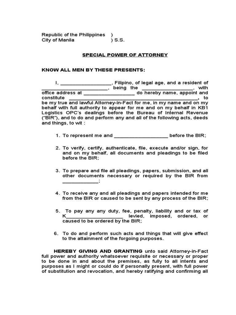SPA For BIR | PDF | Power Of Attorney | Taxes