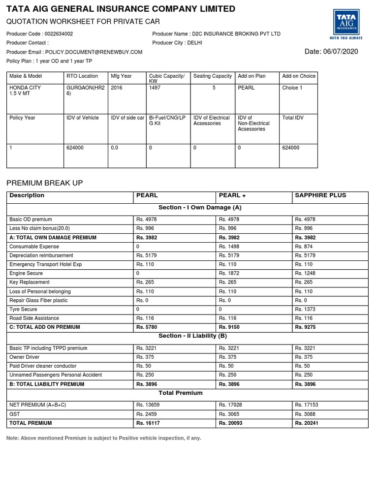 Premium Break Up: Quotation Worksheet For Private Car | PDF | Insurance ...