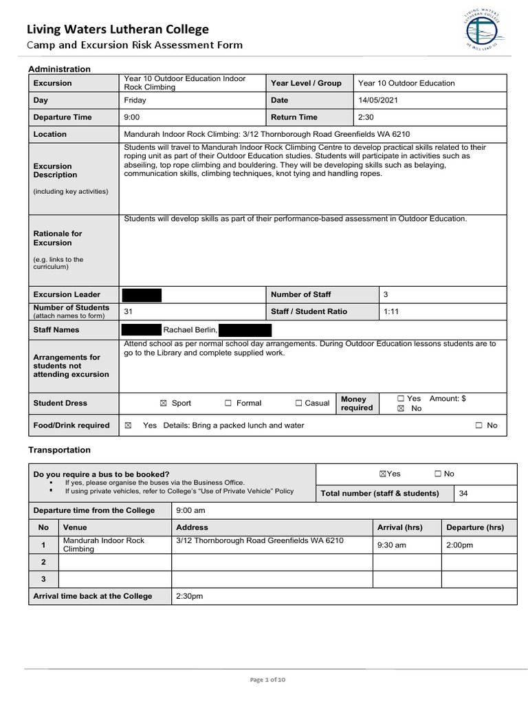 Camp Excursion Risk Assessment Form | PDF | Risk | Risk Assessment
