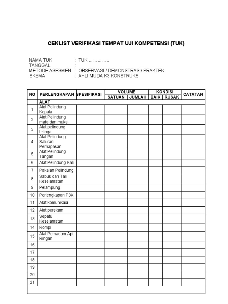 Ceklist Verifikasi TUK Ahli Muda K3 Konstruksi | PDF