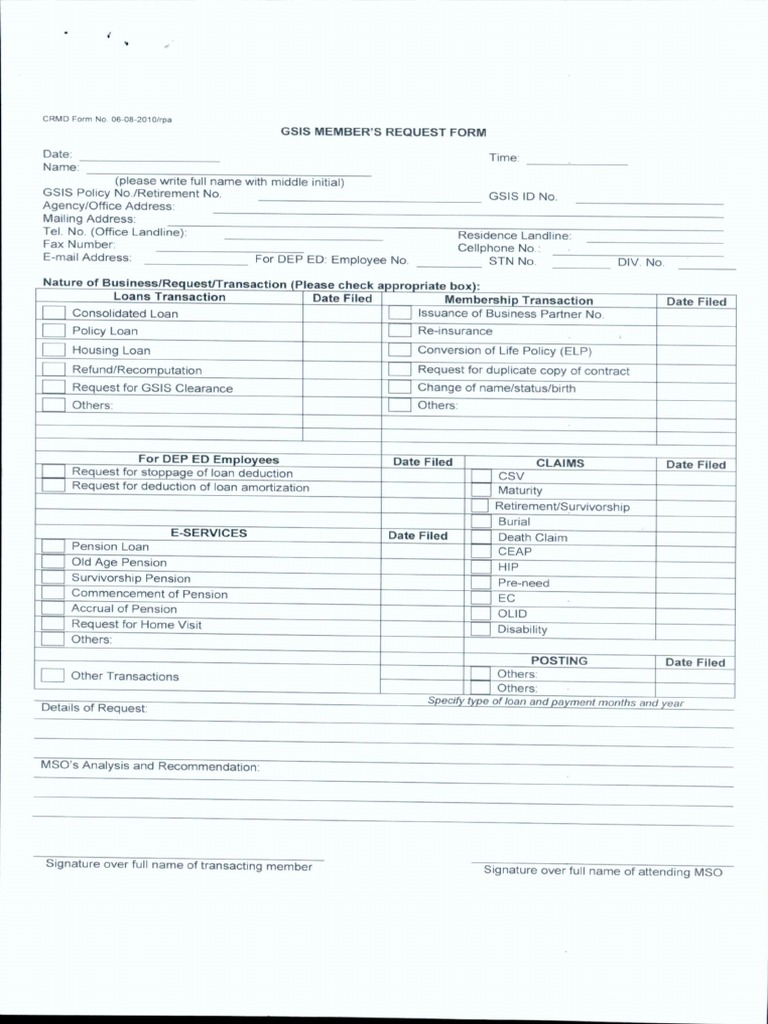 Gsis Member'S Request Form Time:: CRMD Form No 06-08-2010/fp | PDF ...
