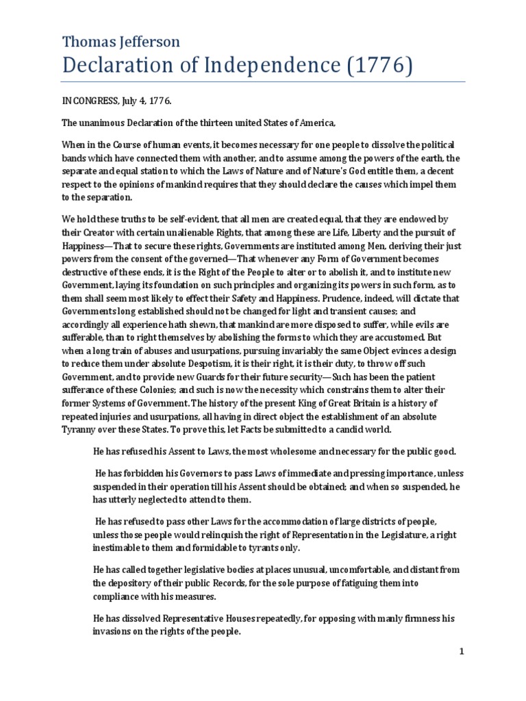 Thomas Jefferson's Declaration of Independence | PDF | Justice | Crime ...