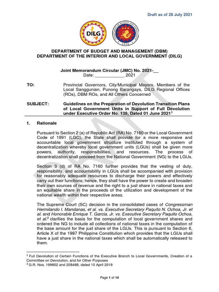LGU Devolution Transition Guidelines | PDF | Local Government | Devolution