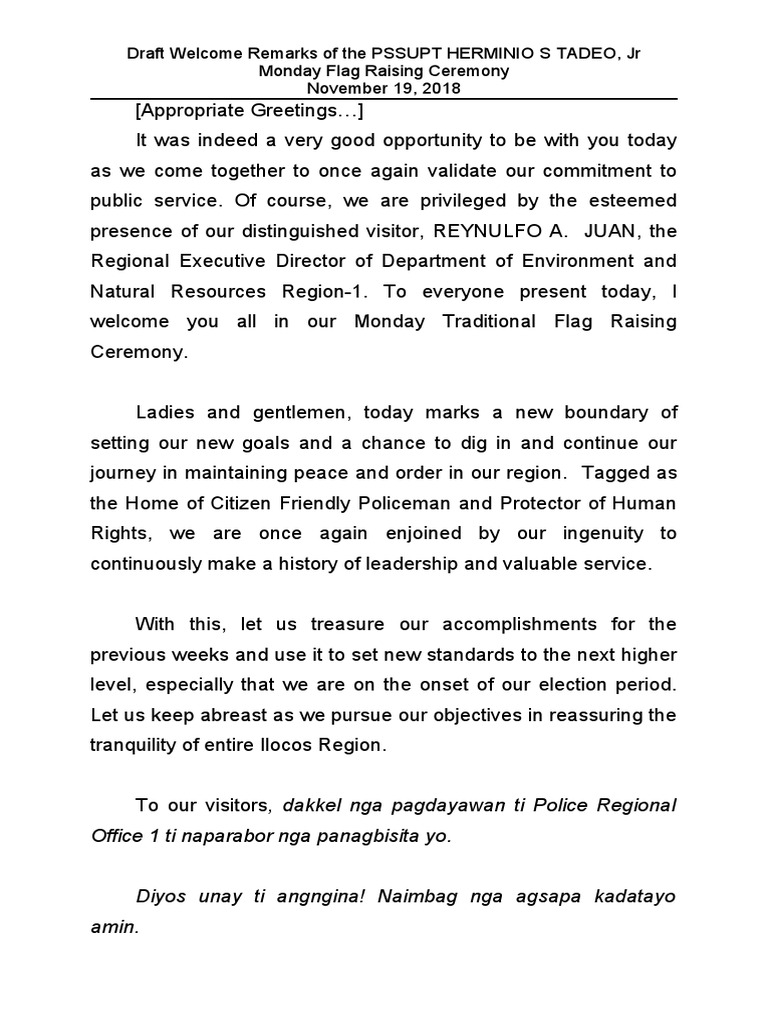 Draft Welcome Remarks For Monday Flag Raising Ceremony RCDS | PDF