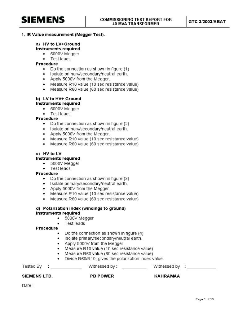 40MVA Trafo Test Procedure | Download Free PDF | Transformer ...