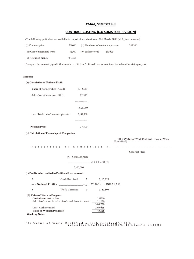 Cma-I Semester-Ii Contract Costing (C.U Sums For Revision) : Compute ...