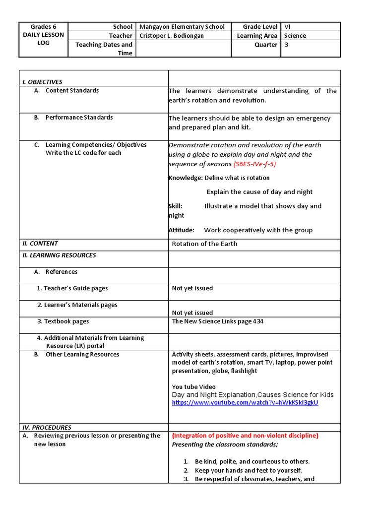 Cot - DLP - Science 6 - Earth's Rotation by Master Teacher Eva M. Corvera | PDF | Teachers ...