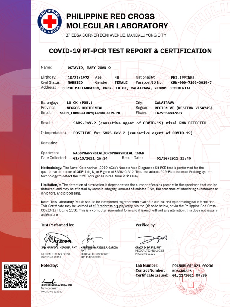 Positive COVID-19 RT-PCR Test Report and Certification for Mary Joan O ...