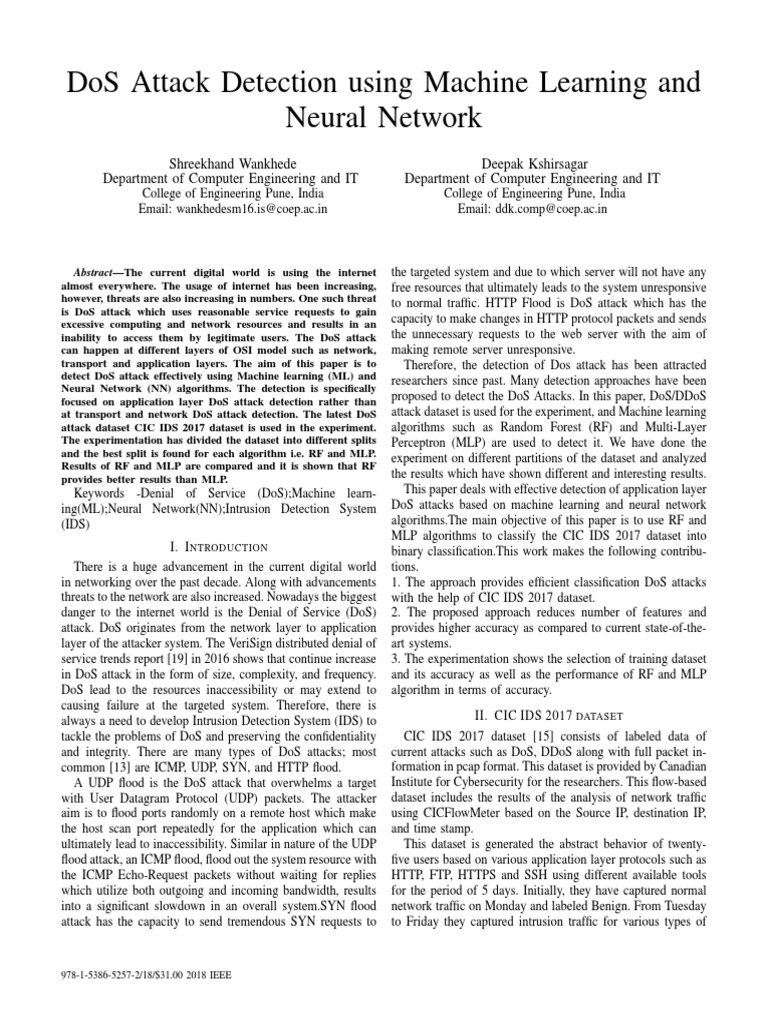 Dos Attack Detection Using Machine Learning and Neural Network | PDF ...