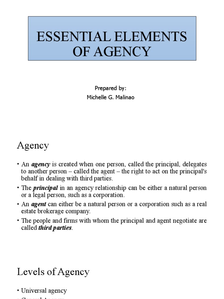 ESSENTIAL ELEMENTS OF AGENCY RELATIONSHIPS | PDF | Law Of Agency | Real ...