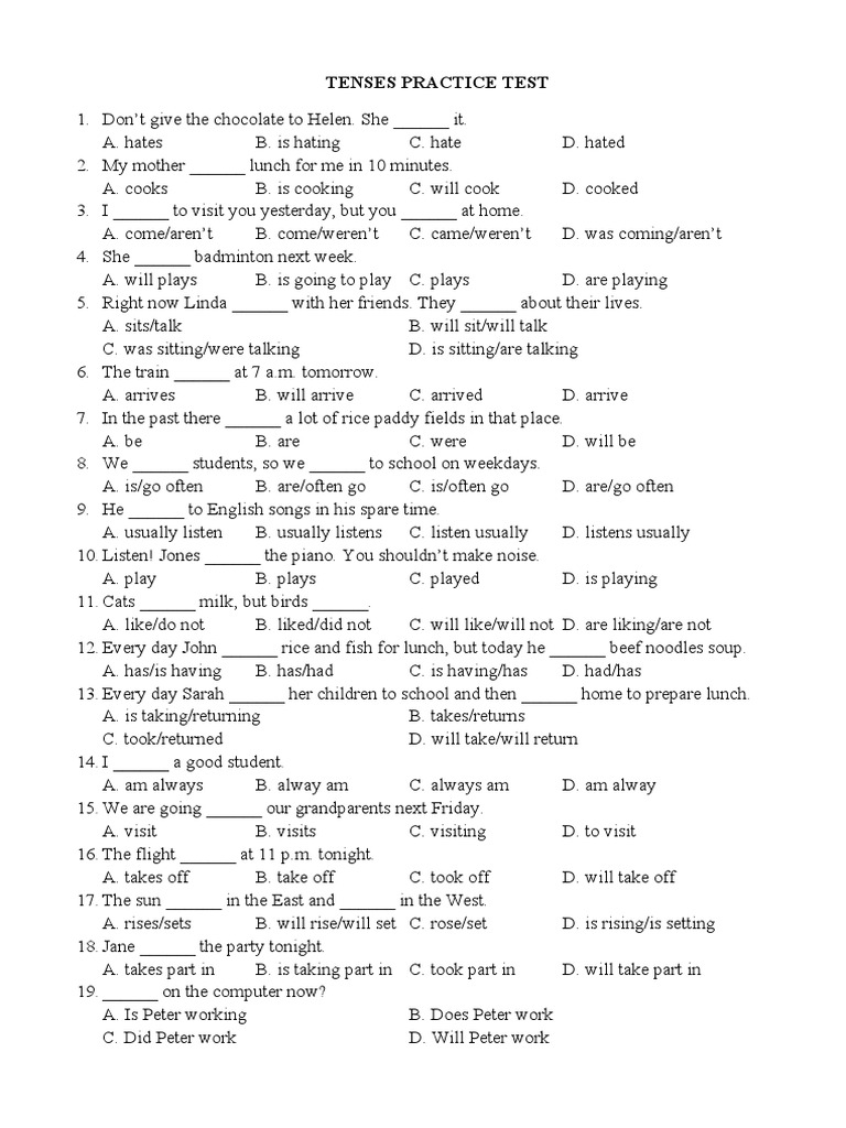 Tenses Practice Test | PDF | Language Arts & Discipline