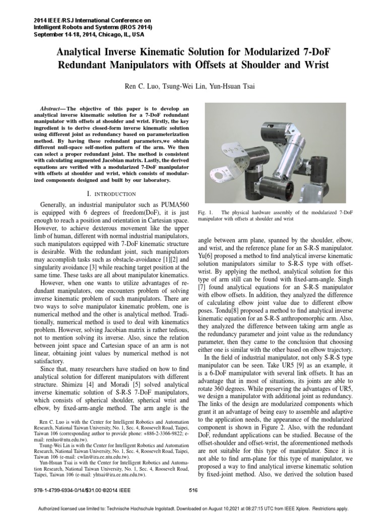 Analytical Inverse Kinematic Solution For Modularized 7-DoF Redundant Manipulators With Offsets ...