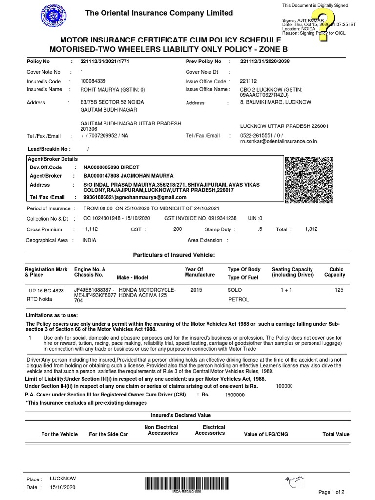 Digitally Signed Motor Insurance Certificate | PDF | Insurance | Transport
