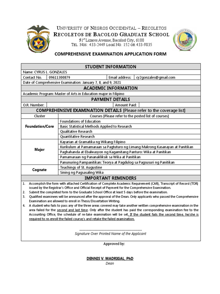 Comprehensive Exam Application Form - 2021 | PDF | Thesis | Academia