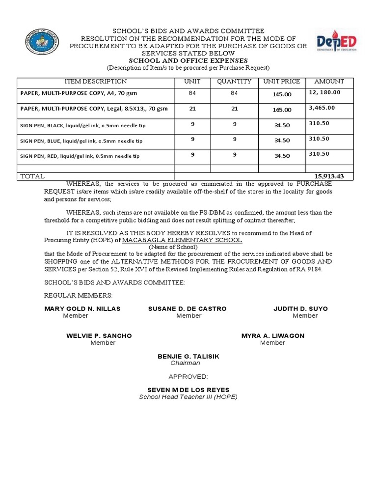 Bac Resolution For The Mode of Procurement Services For Pakyaw Labor ...
