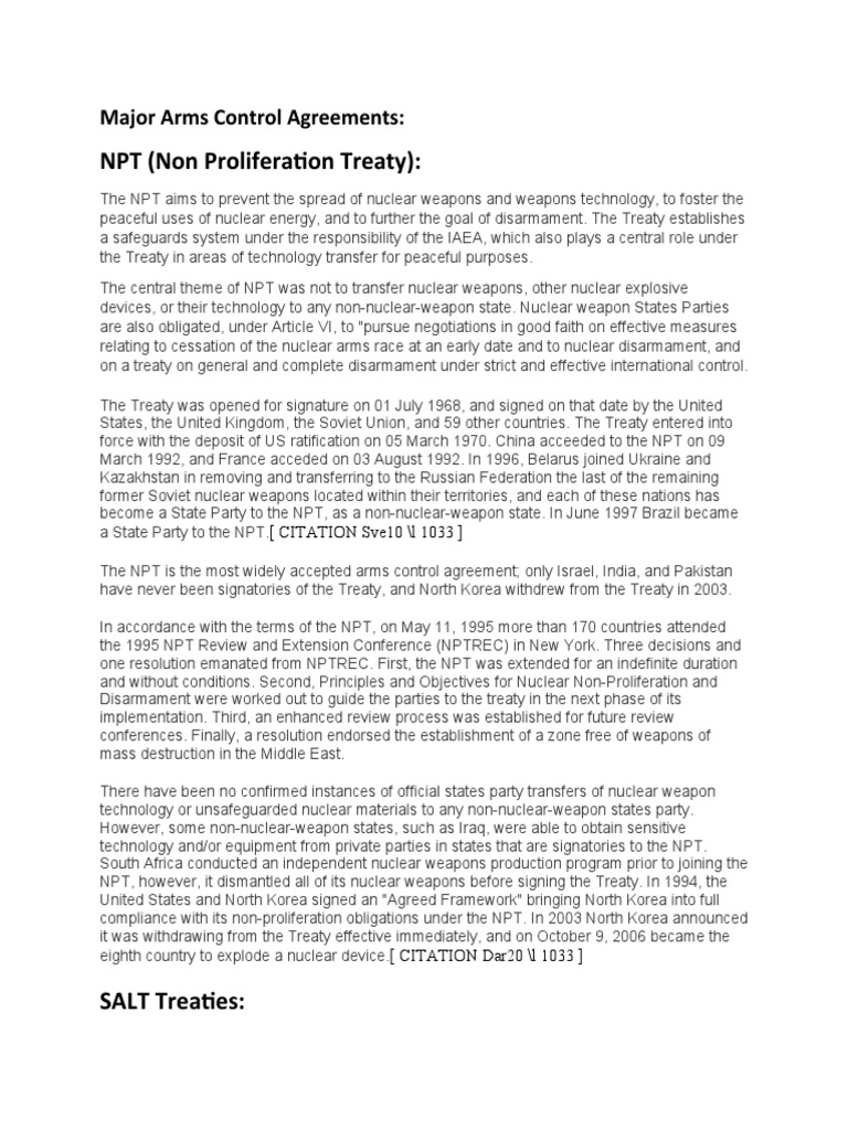 Major Arms Control Agreements | PDF | Start I | Treaty On The Non ...