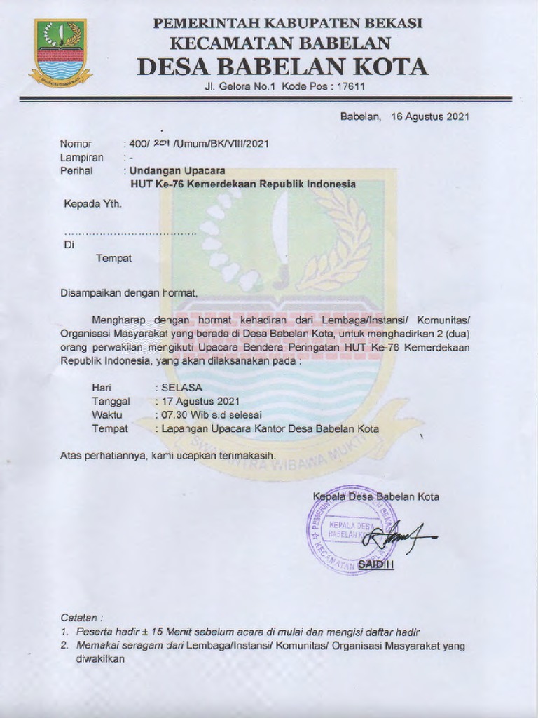 Undangan Upacara HUT RI Ke-76 Babelan | PDF