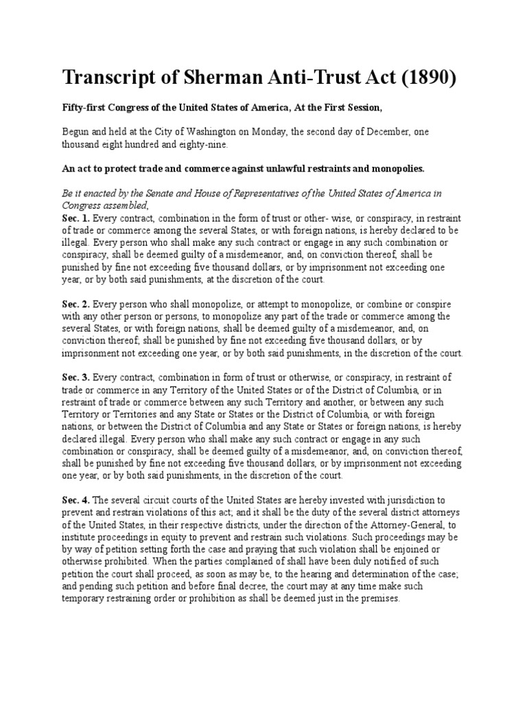 Sherman Anti-Trust Act (1890) | PDF | Imprisonment | Criminal Law