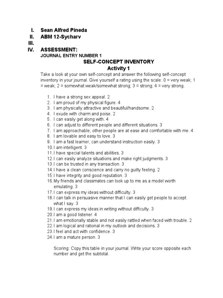 I. Sean Alfred Pineda II. ABM 12-Sycharv Iii. IV. Assessment: Self-Concept Inventory Activity 1 ...