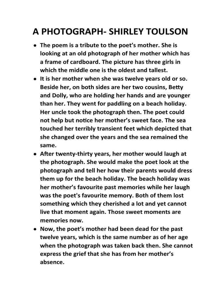 A Photograph-Shirley Toulson: The Poem Is A Tribute To The Poet's ...