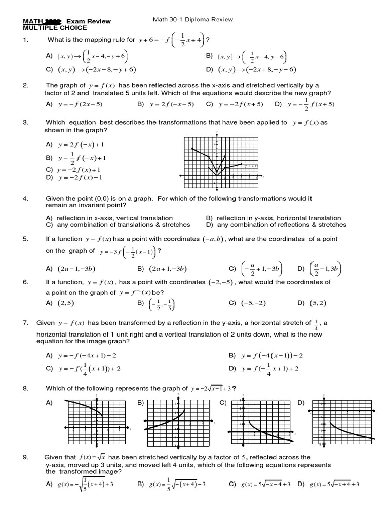 Math 30 1 Diploma Review Pdf Zero Of A Function Factorization