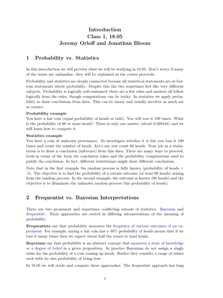 Class 1, 18.05 Jeremy Orloff and Jonathan Bloom 1 Probability vs ...
