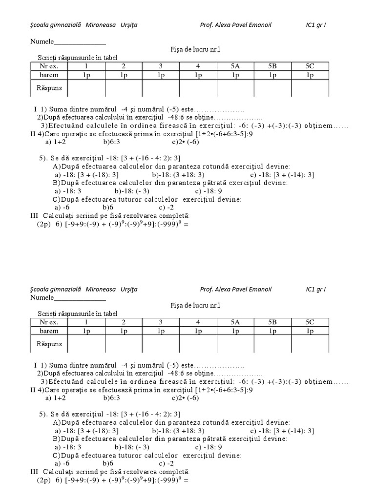 3 Fisa Numere Intregivicu Fisa de Corectare2 | PDF