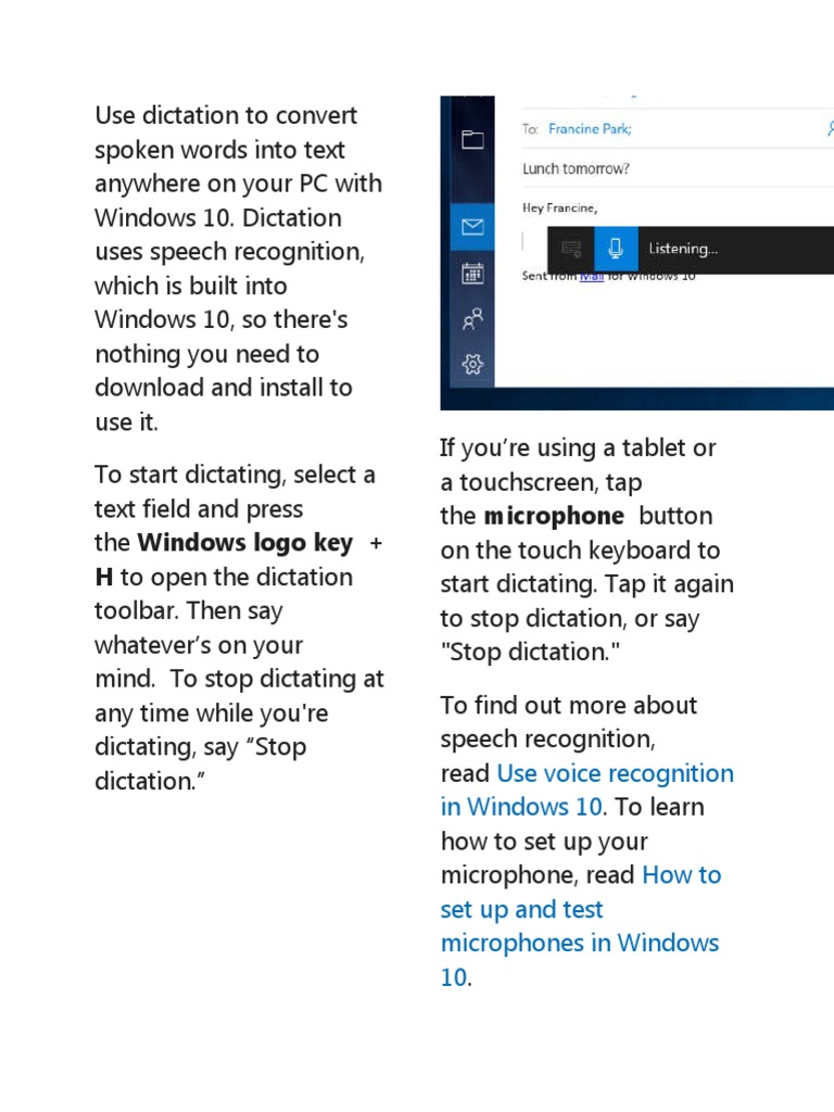 H To Open The Dictation: Use Voice Recognition in Windows 10 How To Set ...