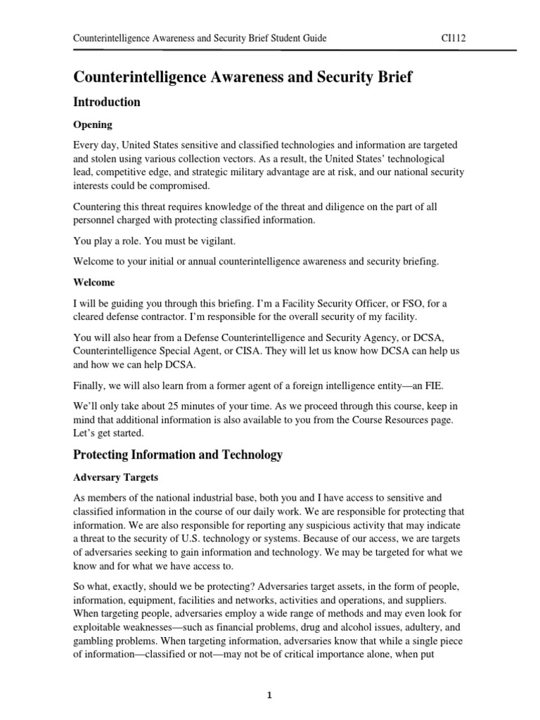 Counterintelligence Awareness and Security Brief: Opening | PDF ...