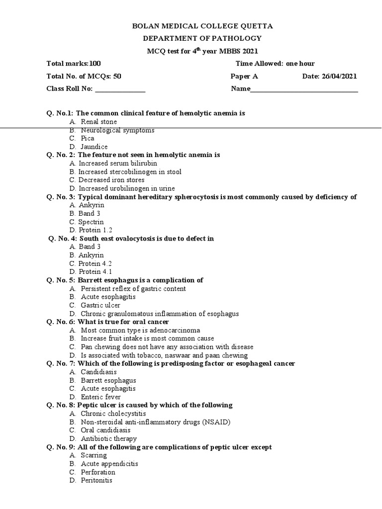4th Year MBBS MCQ Test 2021 | PDF | Anemia | Haematopoiesis