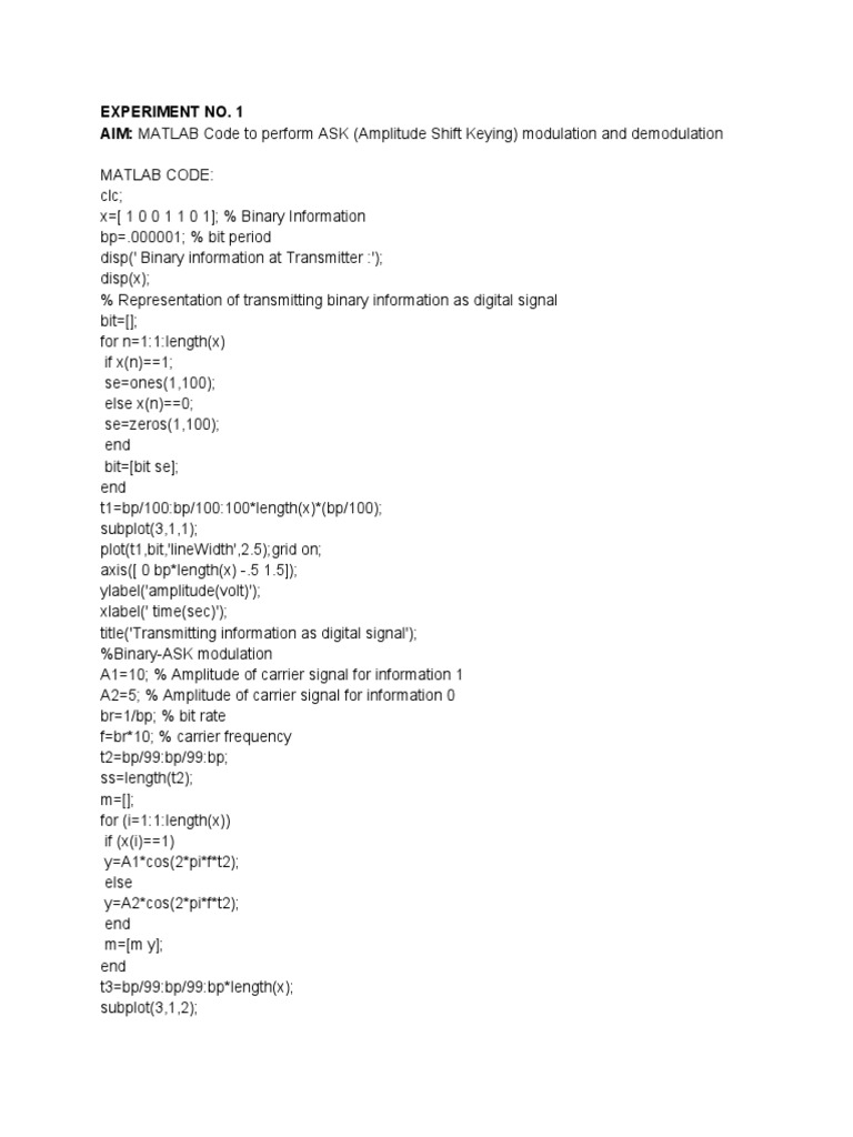 Experiment No. 1 AIM: MATLAB Code To Perform ASK (Amplitude Shift ...