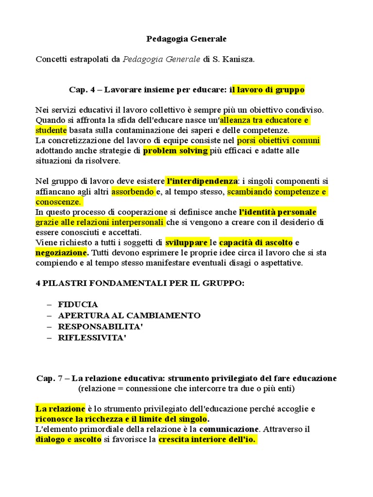 Pedagogia Generale - Concetti Chiave | PDF