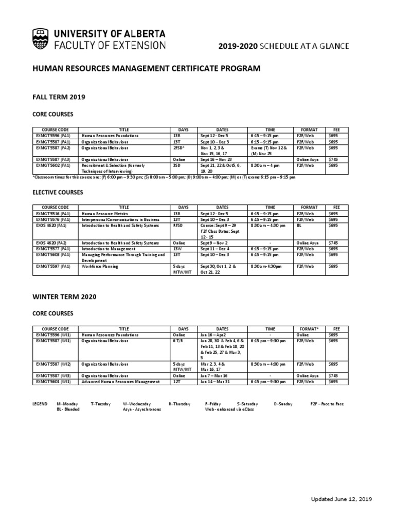 2019-2020 Schedule at A Glance Human Resources Management Certificate ...