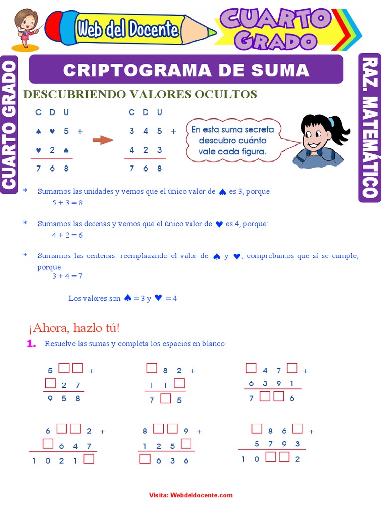 Criptograma de Suma para Cuarto Grado de Primaria | PDF
