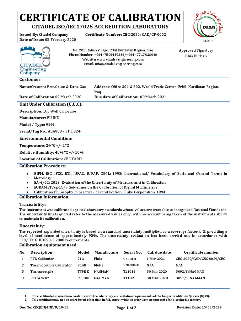 Certificate of Calibration: Citadel Iso/Iec17025 Accredition Laboratory ...