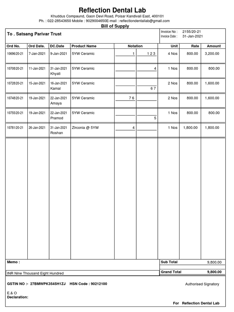 Reflection Dental Lab: Bill of Supply To - Satsang Parivar Trust | PDF