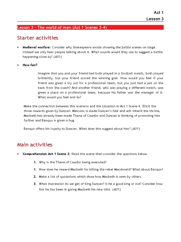 Starter Activities: Lesson 3 - The World of Men (Act 1 Scenes 2-4 ...