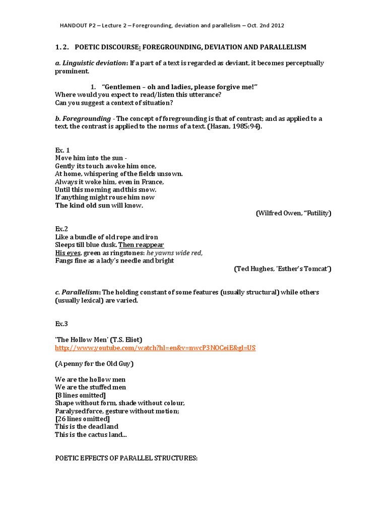 Poetic Discourse: Foregrounding, Deviation and Parallelism | PDF ...