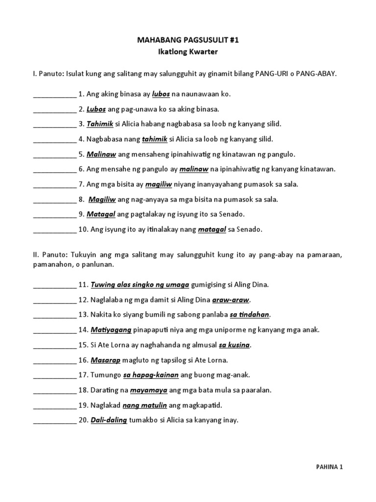Mahabang Pagsusulit # 1 Sa Filipino 5 Kwarter 3 | PDF