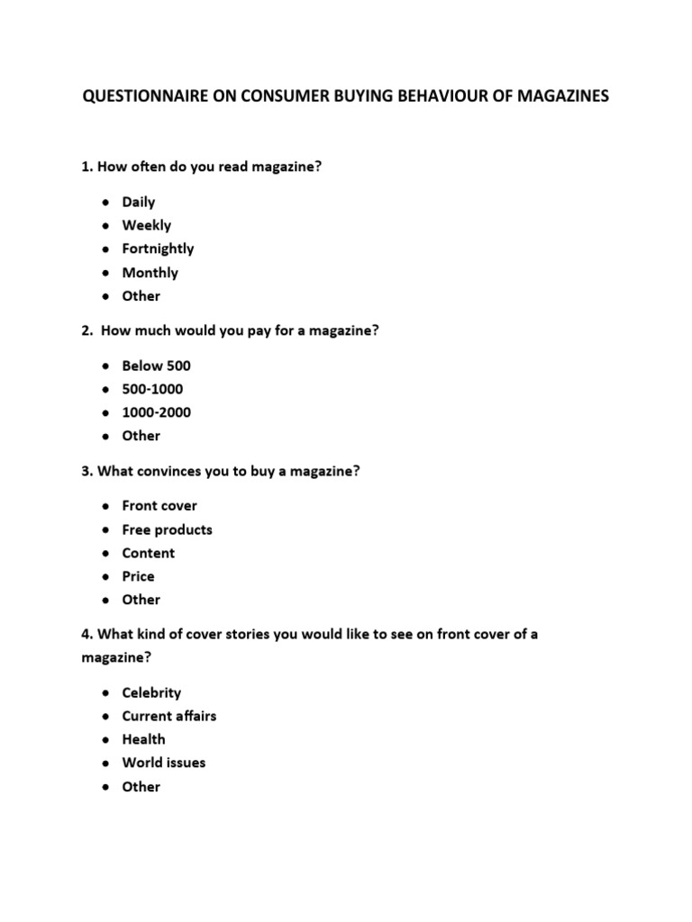 Questionnaire On Consumer Buying Behaviour of Magazines | PDF | Social ...